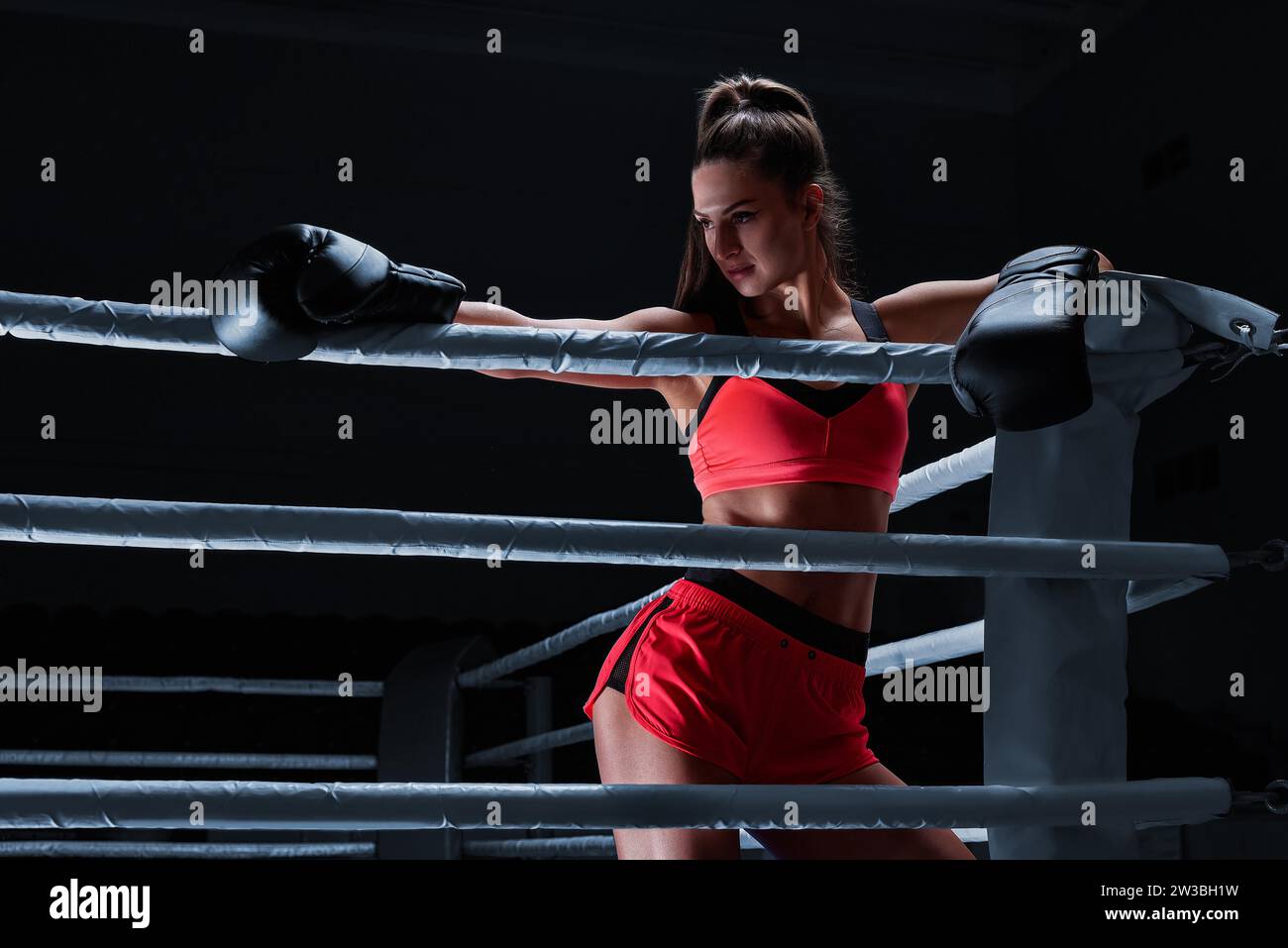 Charming woman in boxing gloves posing in the ring near the ropes ...