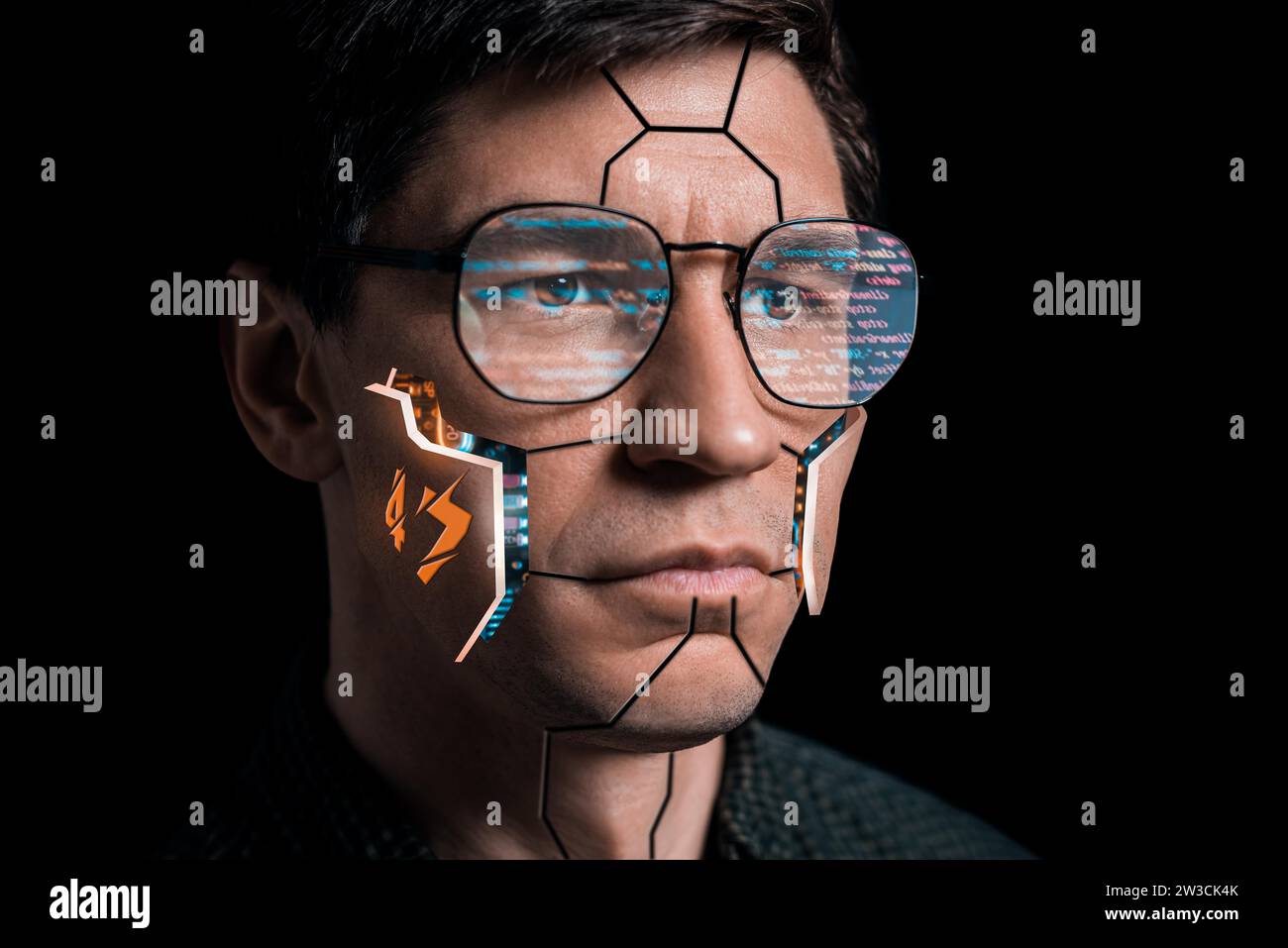 Male robot with a serious expression. Black background for your design ...