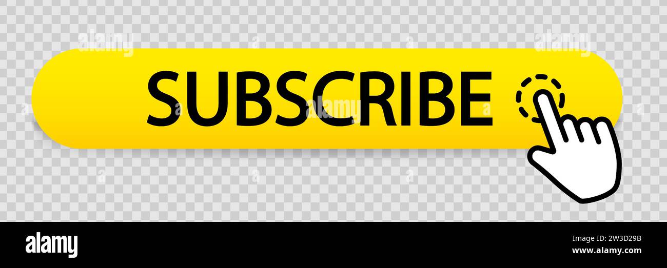 Yellow subscribe button on transparent background illustration. Pointer, click, mouse, social ...