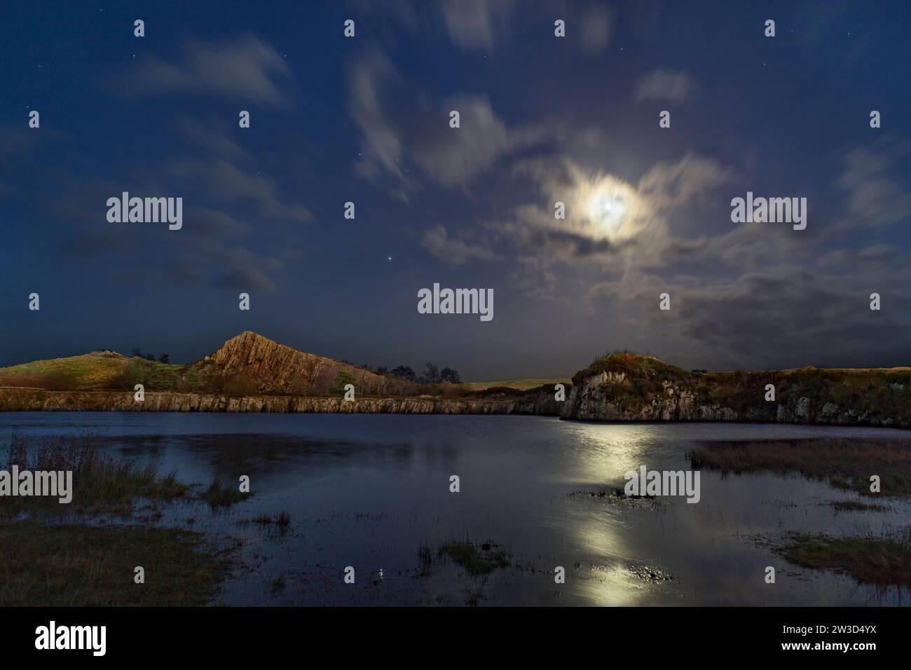 Hadrians Wall - Cawfield Quarry pool lit by an almost full moon ...