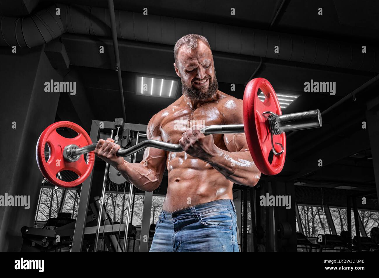 Powerful bodybuilder posing in the gym with a barbell. Bodybuilding ...