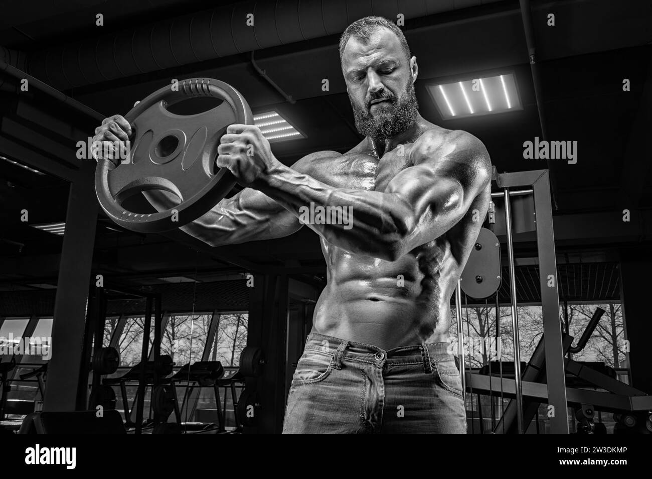 Professional athlete trains with a barbell disc in the gym ...