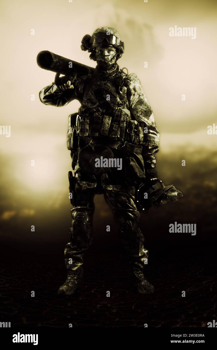 The soldier of the special unit stands in military uniform with a ram ...