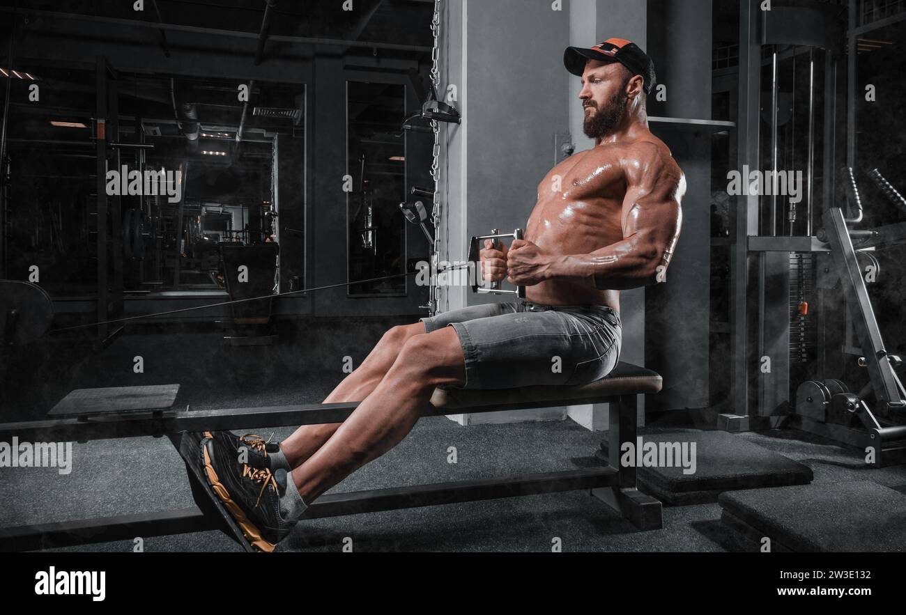 Muscular athlete trains in the gym. Back pumping in the block. Fitness ...