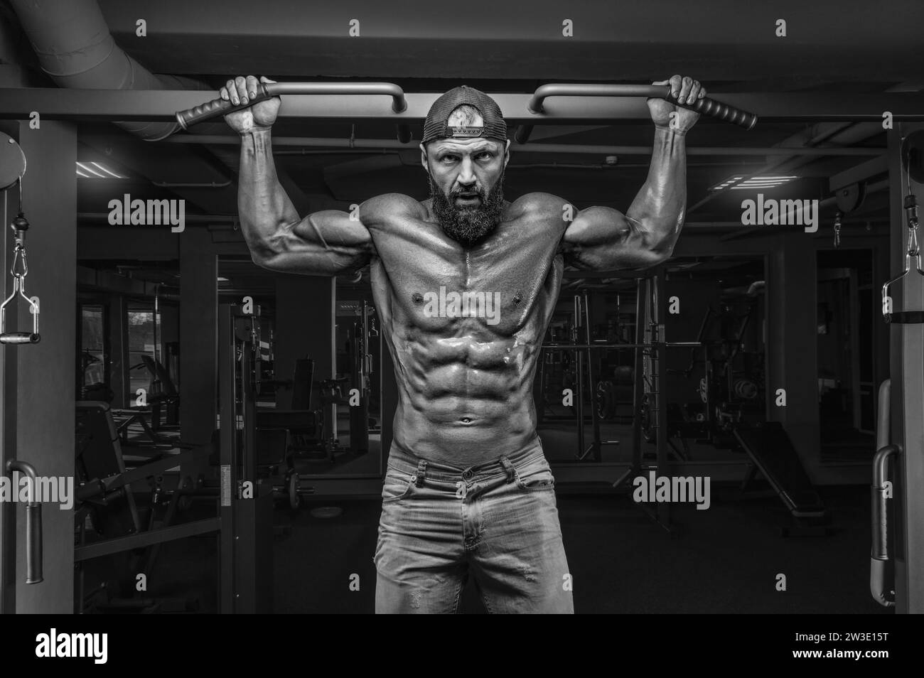 Muscular athlete pulls up in the gym. Fitness and bodybuilding concept ...