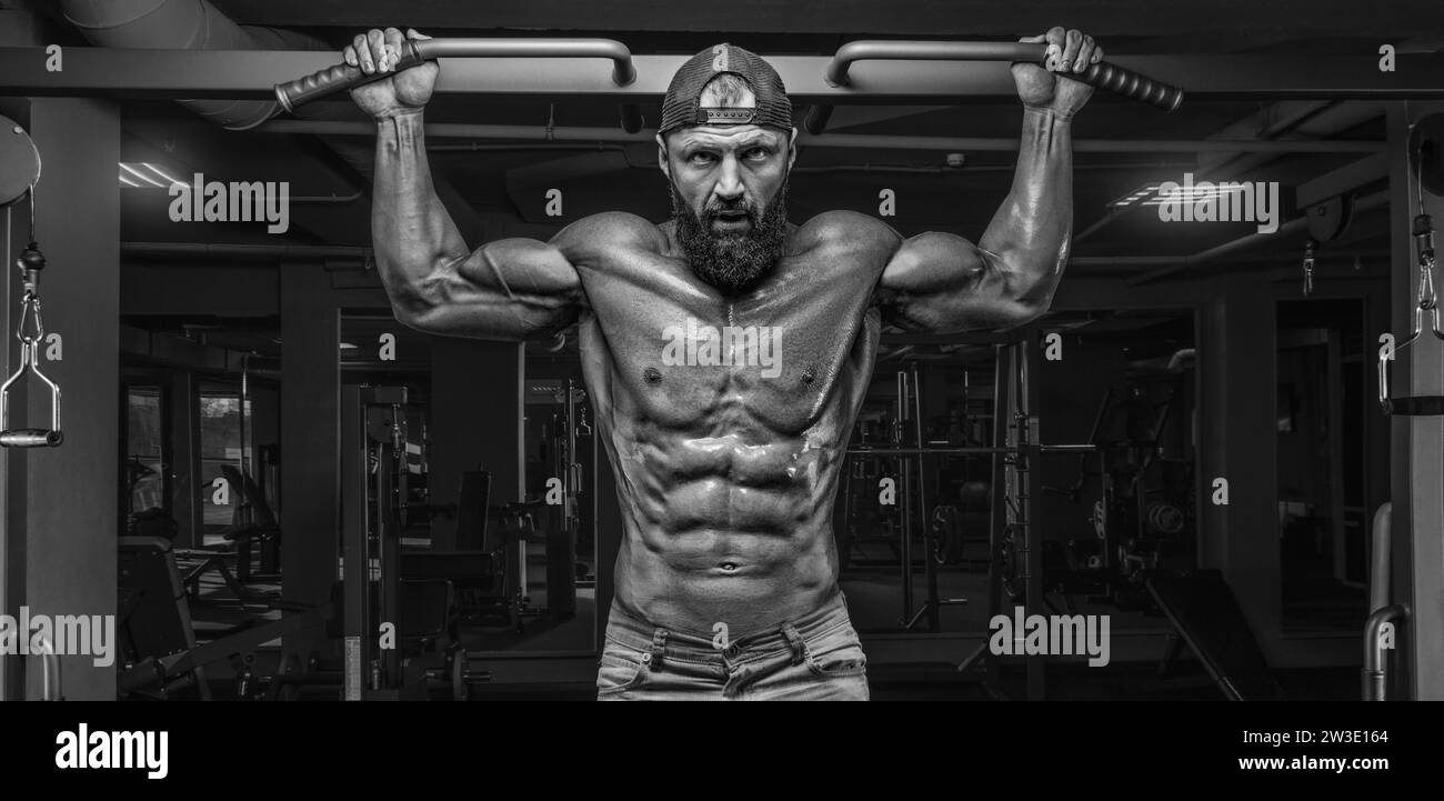 Muscular athlete pulls up in the gym. Fitness and bodybuilding concept ...