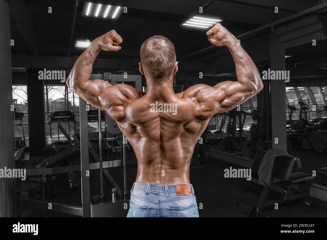 Professional athlete posing in the gym. Back view. Bodybuilding and ...