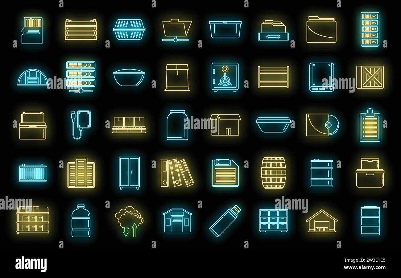 Storage box icons set. Outline set of storage box vector icons neon ...