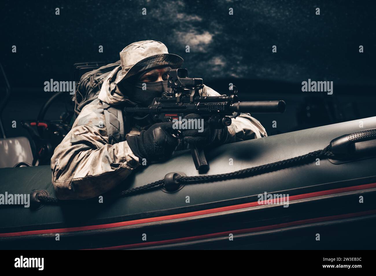 Military man in full combat ammunition is following a poacher in a boat ...