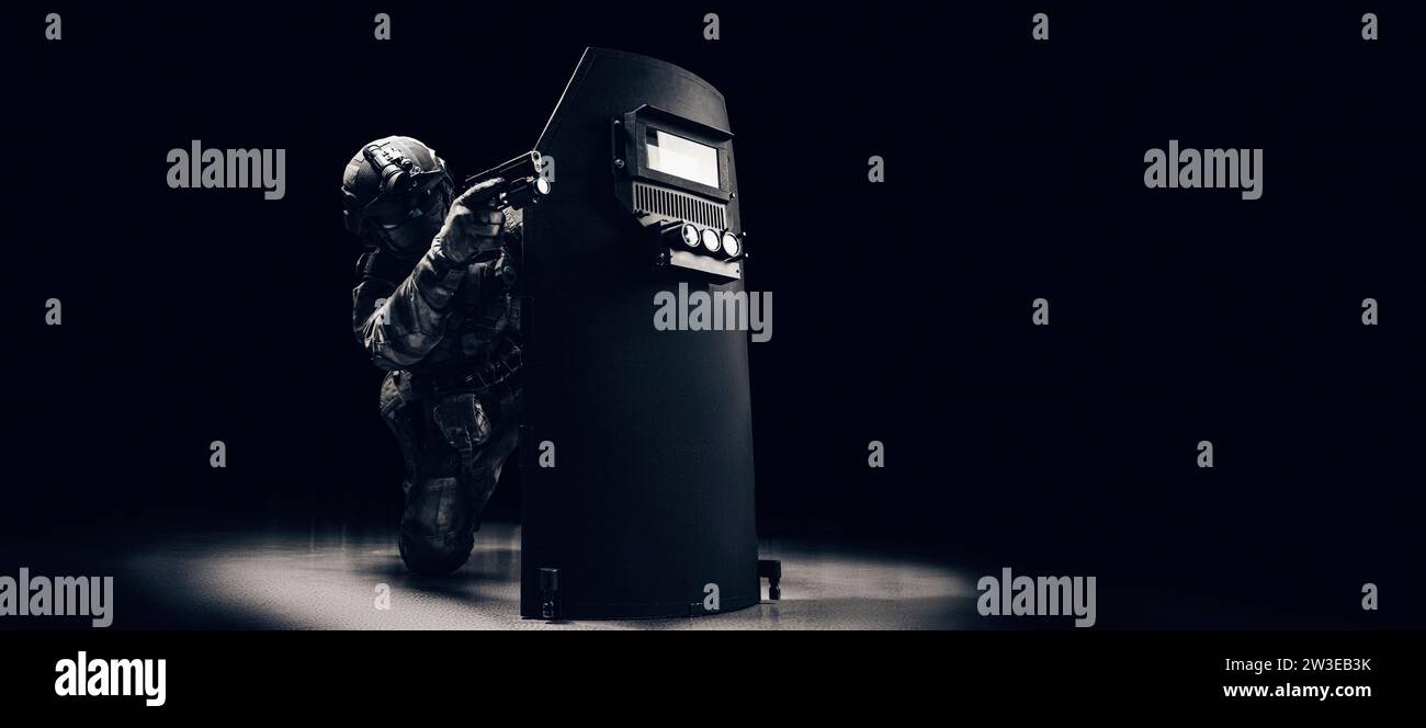 Portrait of a special forces unit fighter. He hides behind a ...