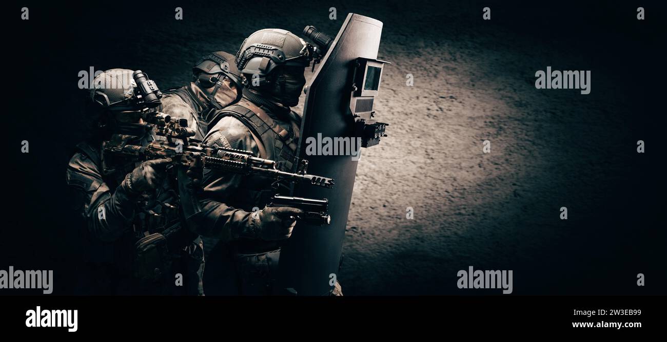 Image of three soldiers in a shooting computer game. ESports concept ...