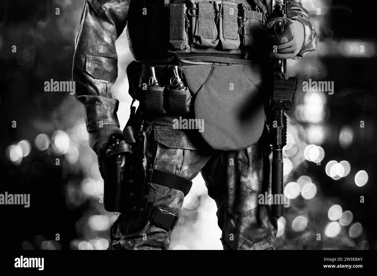 Fighter of a special unit is in full combat gear. Mixed media Stock ...