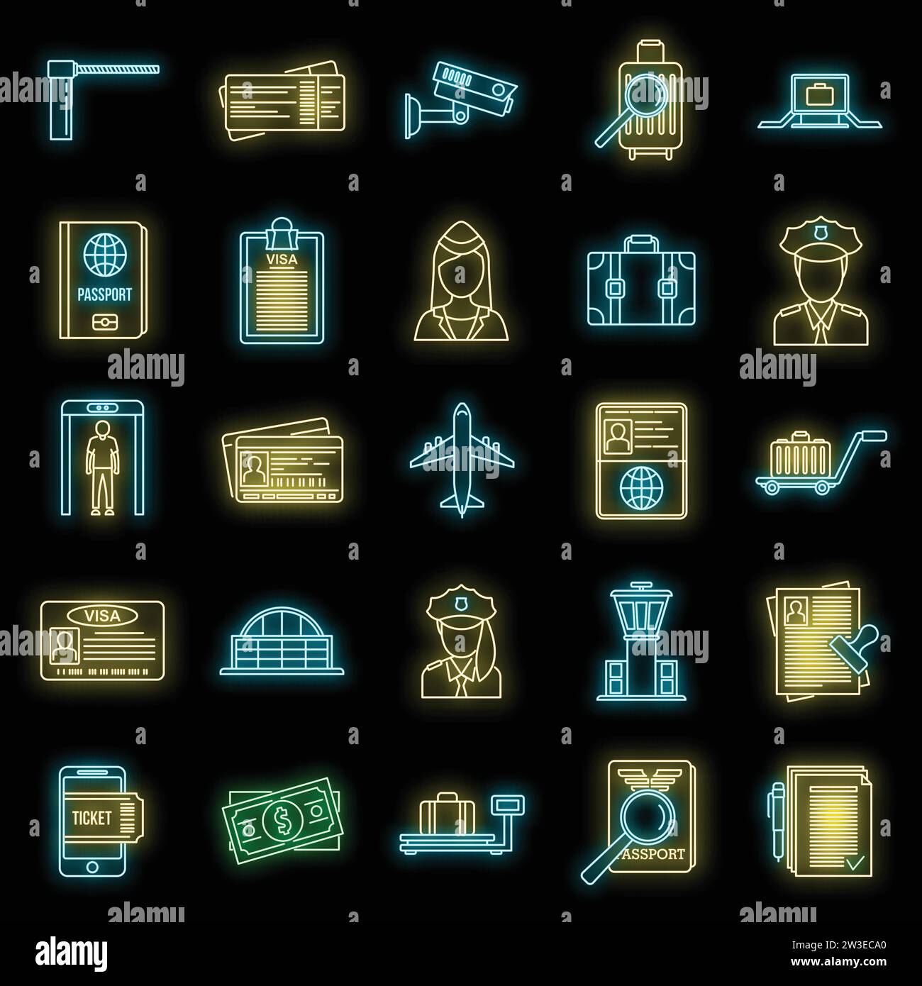 Security Passport Control Icons Set Outline Set Of Security Passport Control Vector Icons Neon