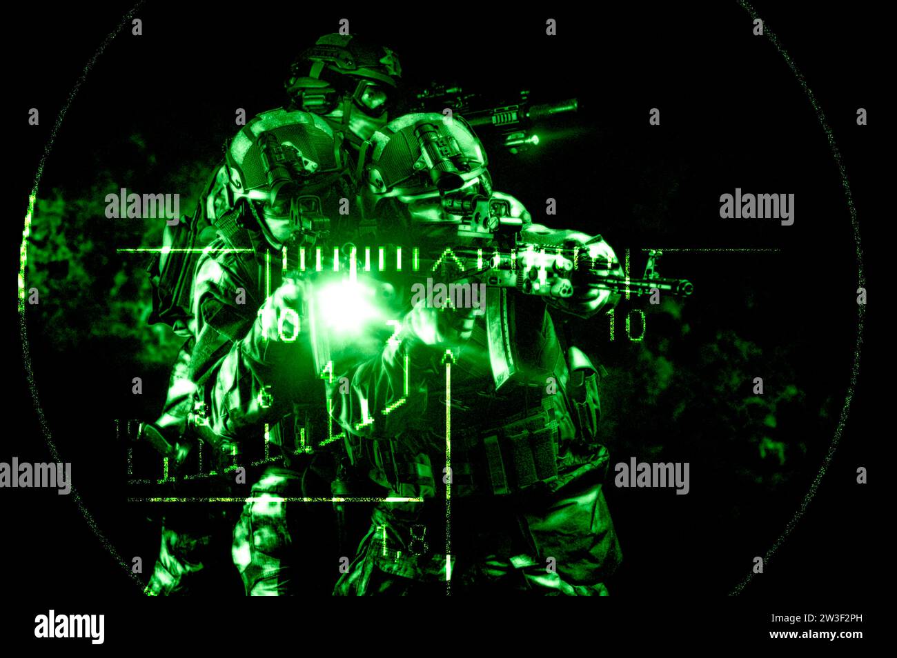 Portrait of a group of commandos in the night sight of a sniper rifle ...