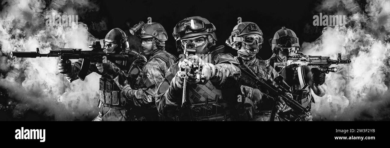 Portrait of five military men. A group of soldiers on a background of ...