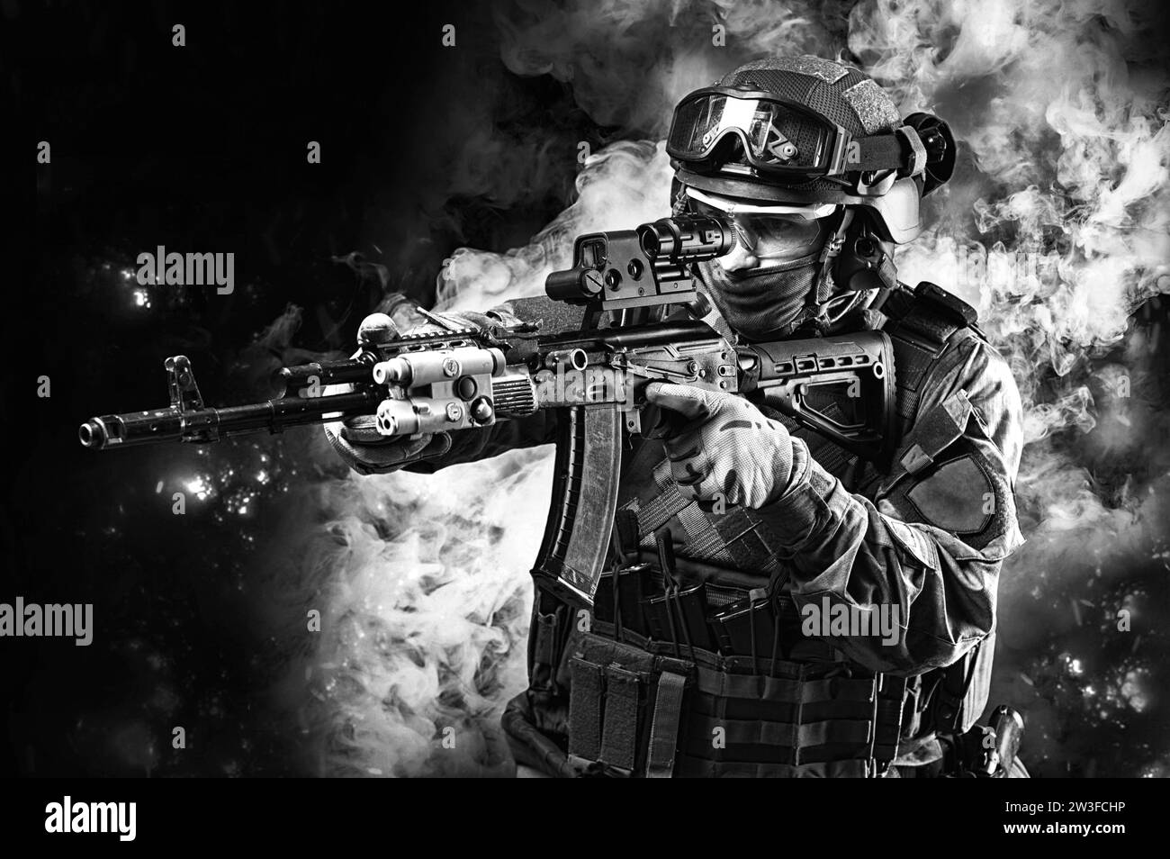 Portrait of a special forces soldier who is aiming at a collimator ...