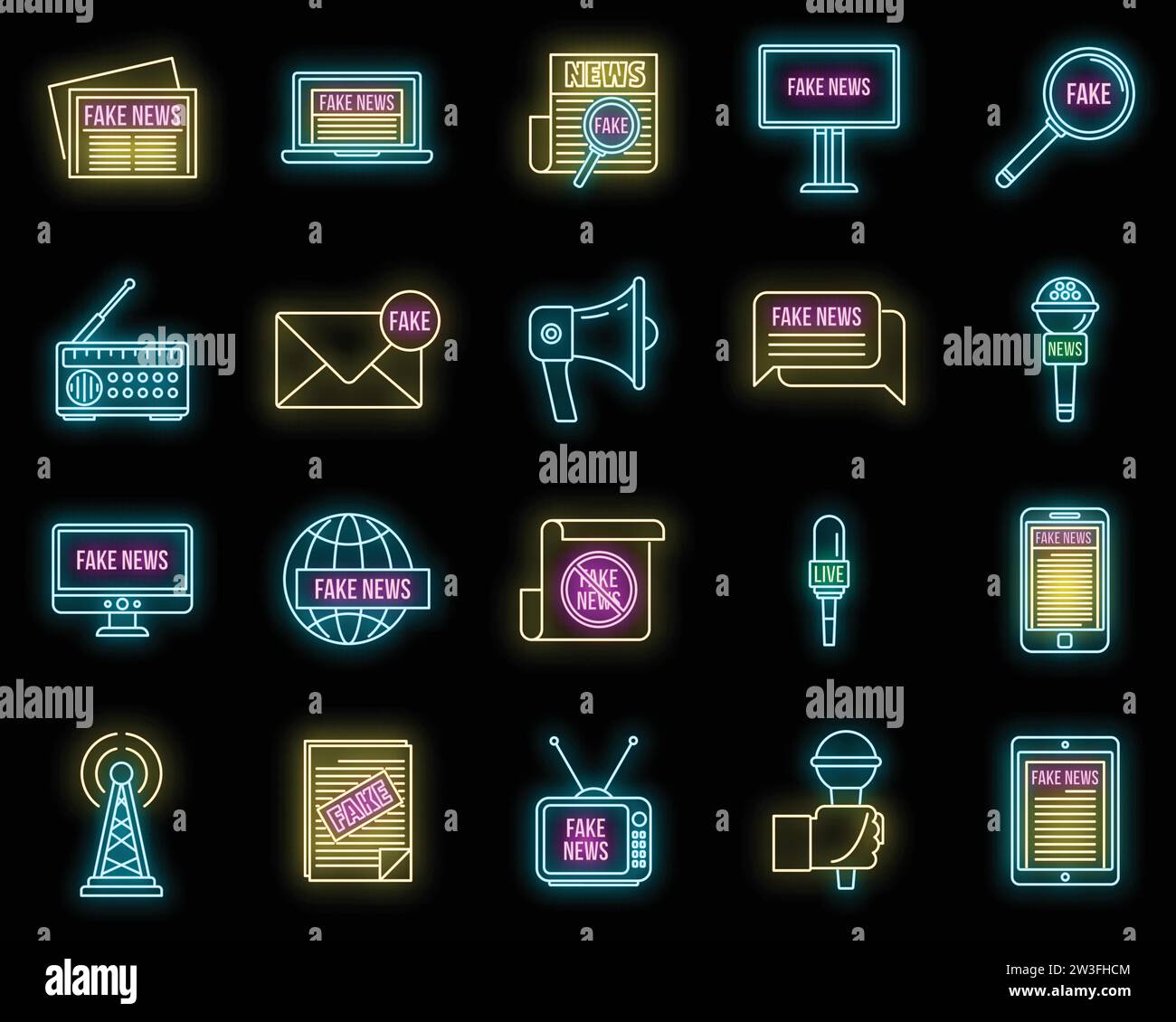 Modern fake news icons set. Outline set of modern fake news vector ...