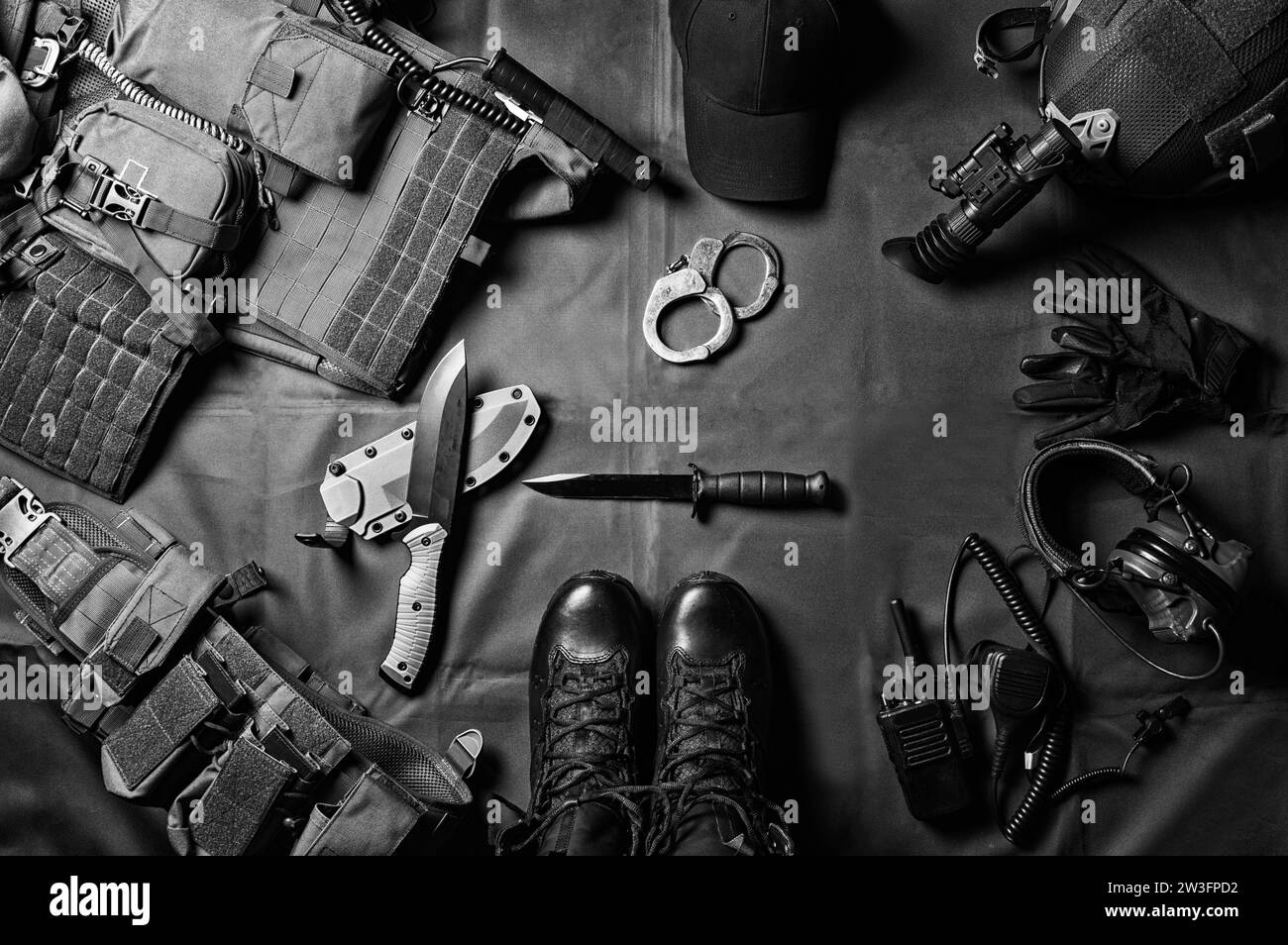Military equipment or special agent gear concept flat lay background ...