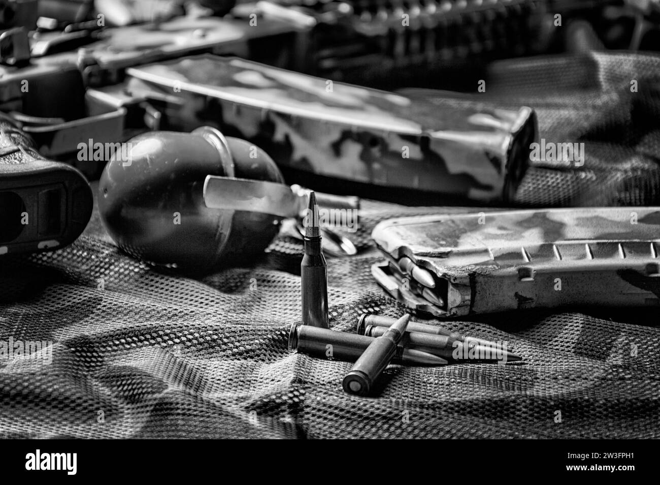 The concept of military ammunition. Cartridges for a machine gun, clip ...