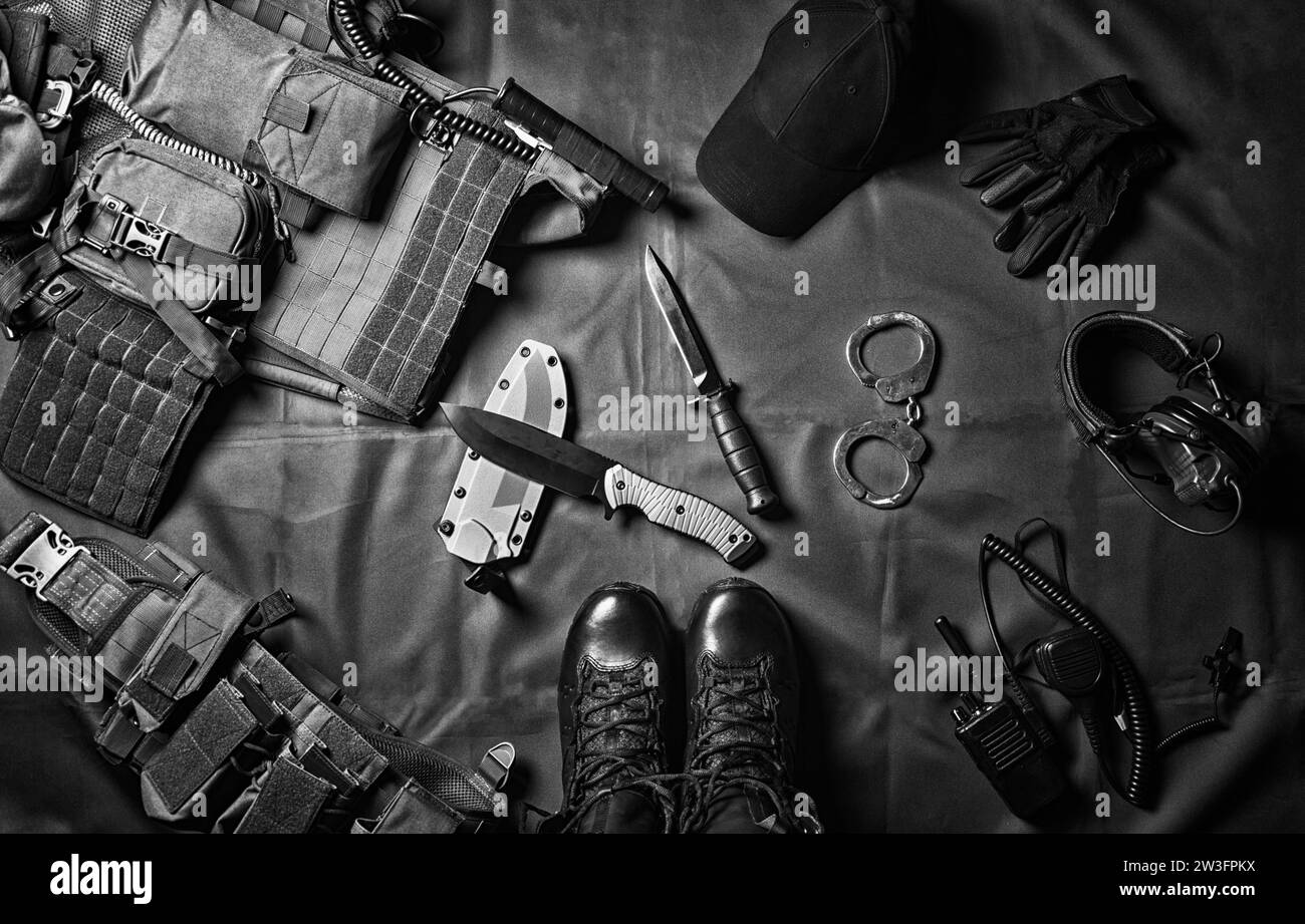 Military equipment or special agent gear concept flat lay background ...