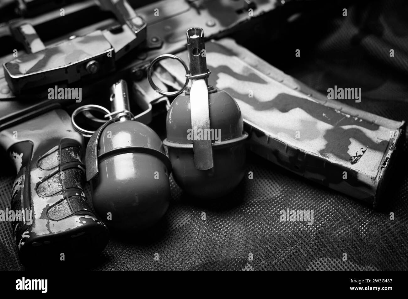 Two grenades lie on a camouflage background. The concept of military ...