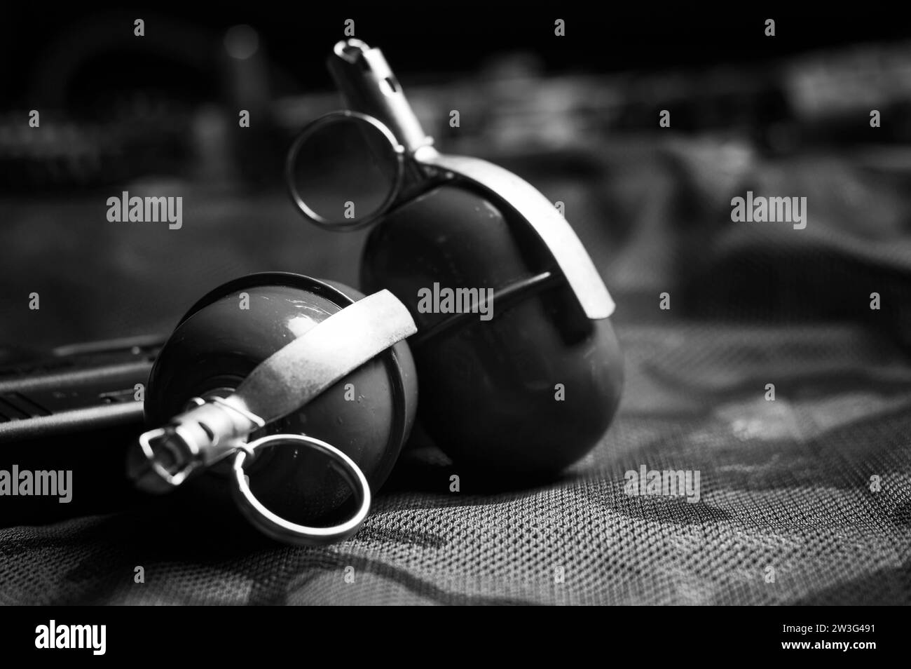Two grenades lie on a camouflage background. The concept of military ...