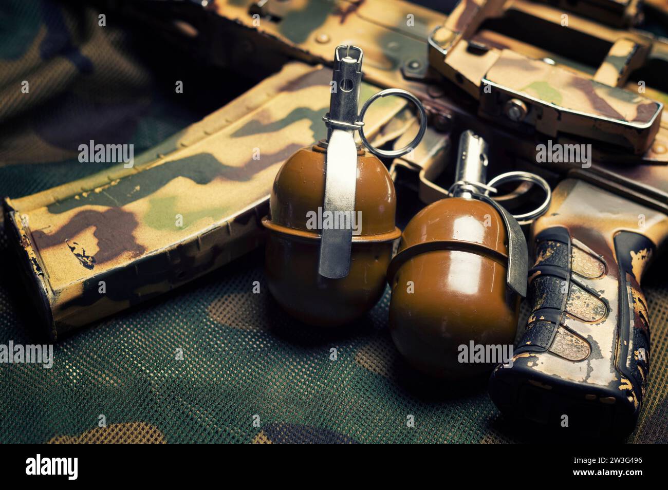 Two grenades lie on a camouflage background. The concept of military ...