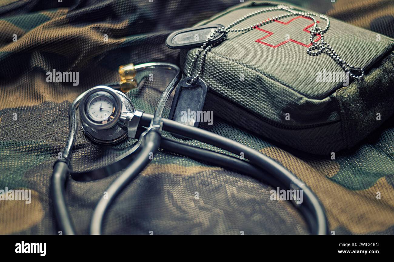 Stethoscope lies on the uniform of a US soldier. The concept of health ...