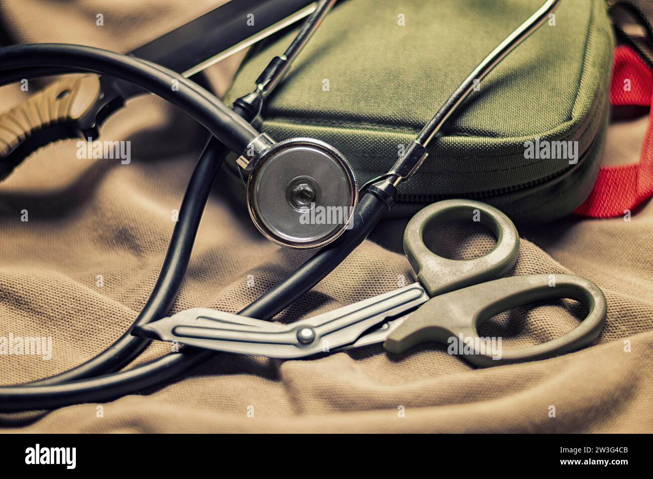 Stethoscope lies on the uniform of a US soldier. The concept of health ...