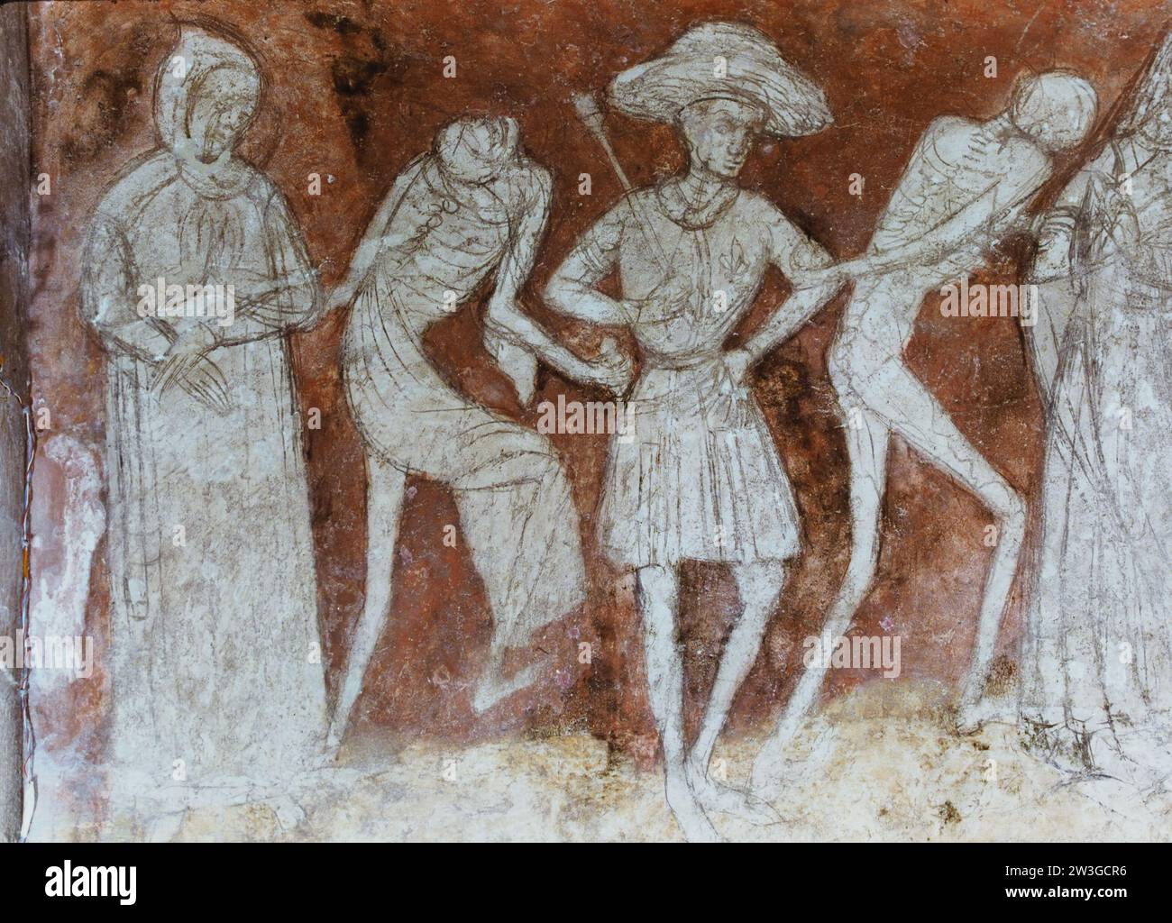 Painting Dance of death. Lady-in-waiting, knight, young lady, devil ...