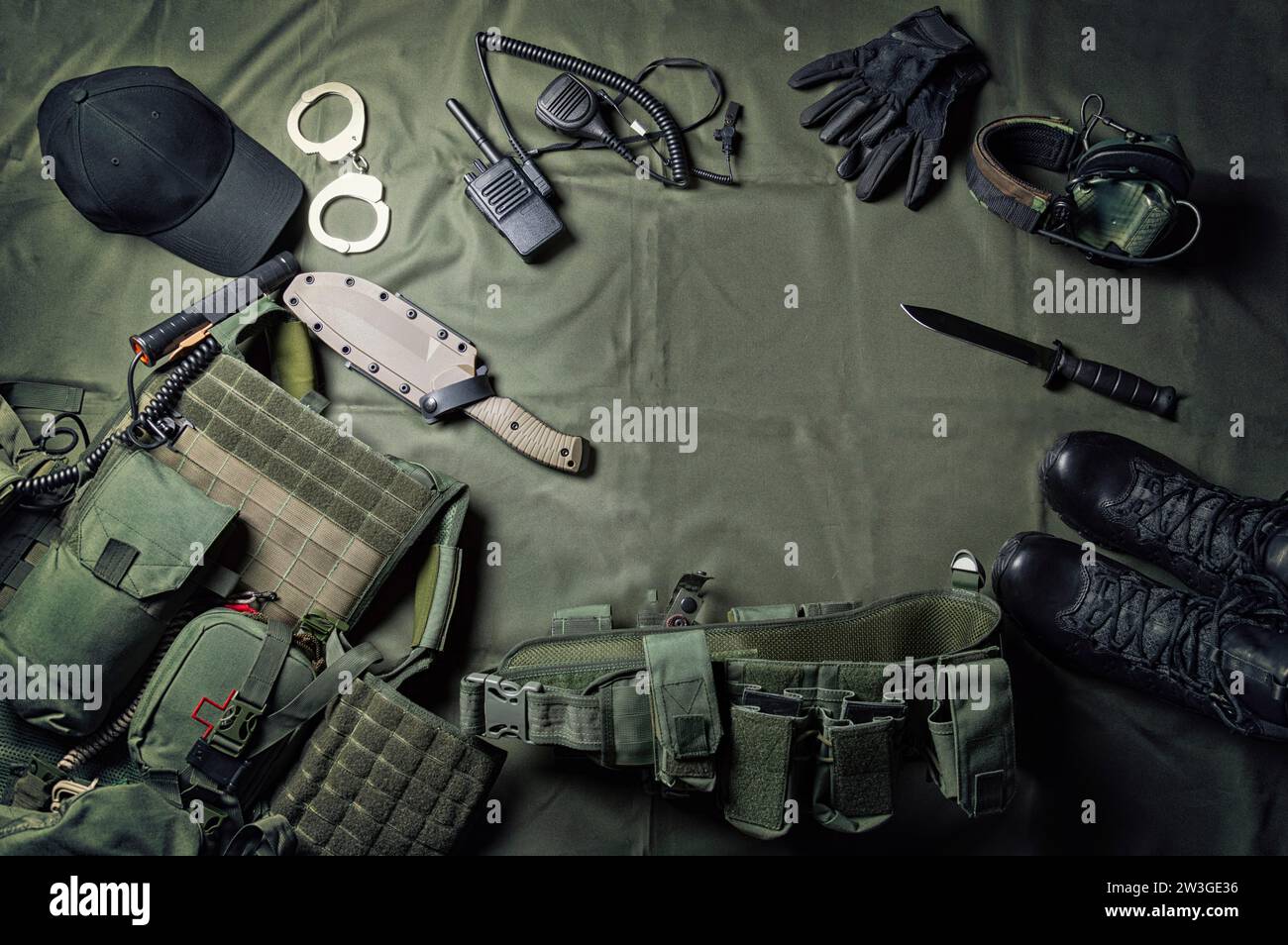 Military equipment or special agent gear concept flat lay background ...