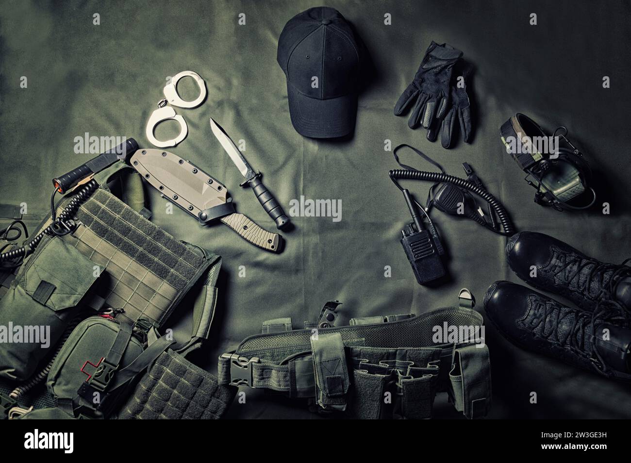 Military equipment or special agent gear concept flat lay background ...