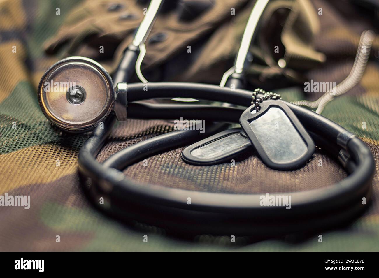 Stethoscope lies on the uniform of a US soldier. The concept of health ...