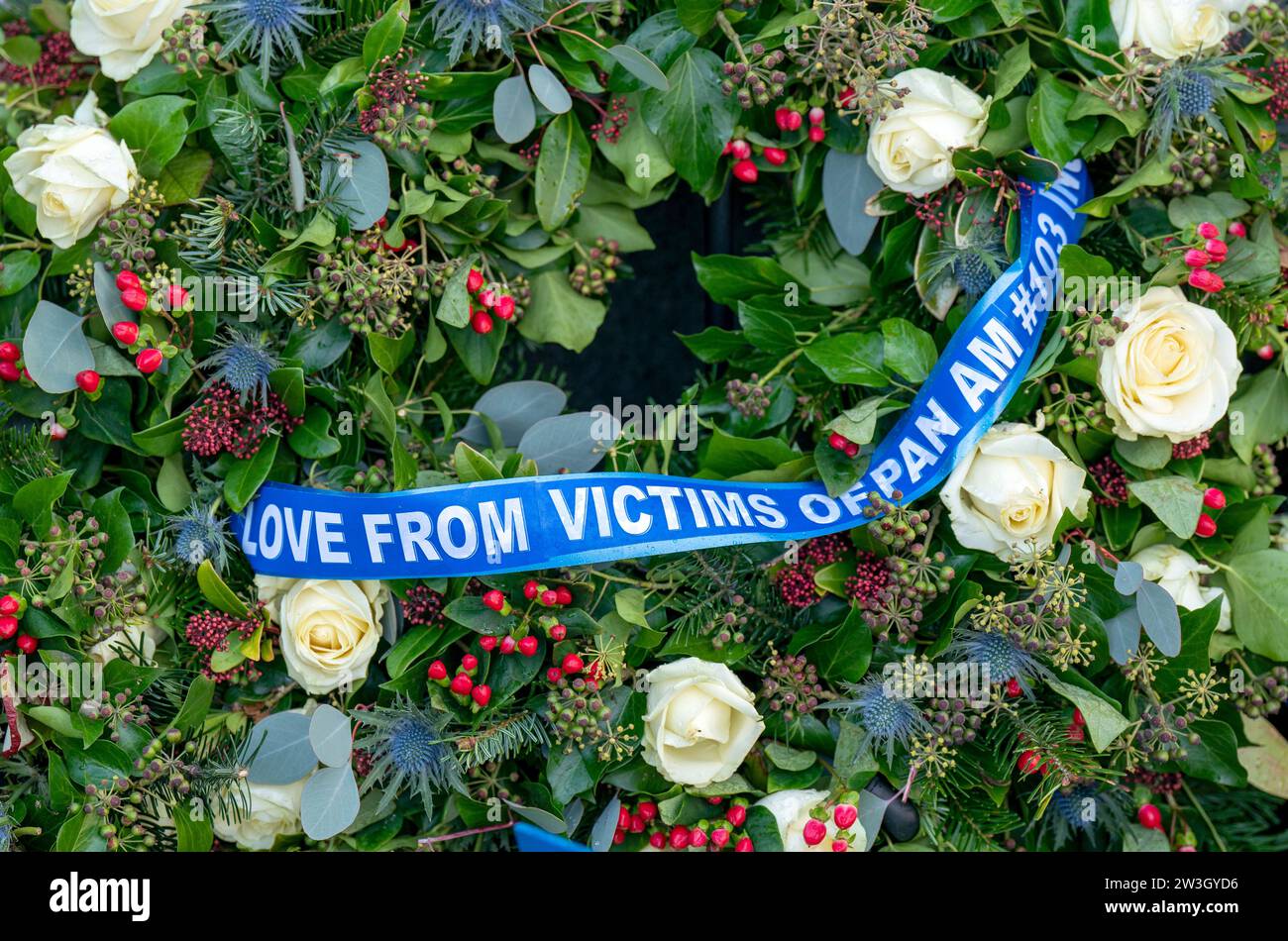 Wreaths and floral tributes laid during a ceremony to mark the 35th ...