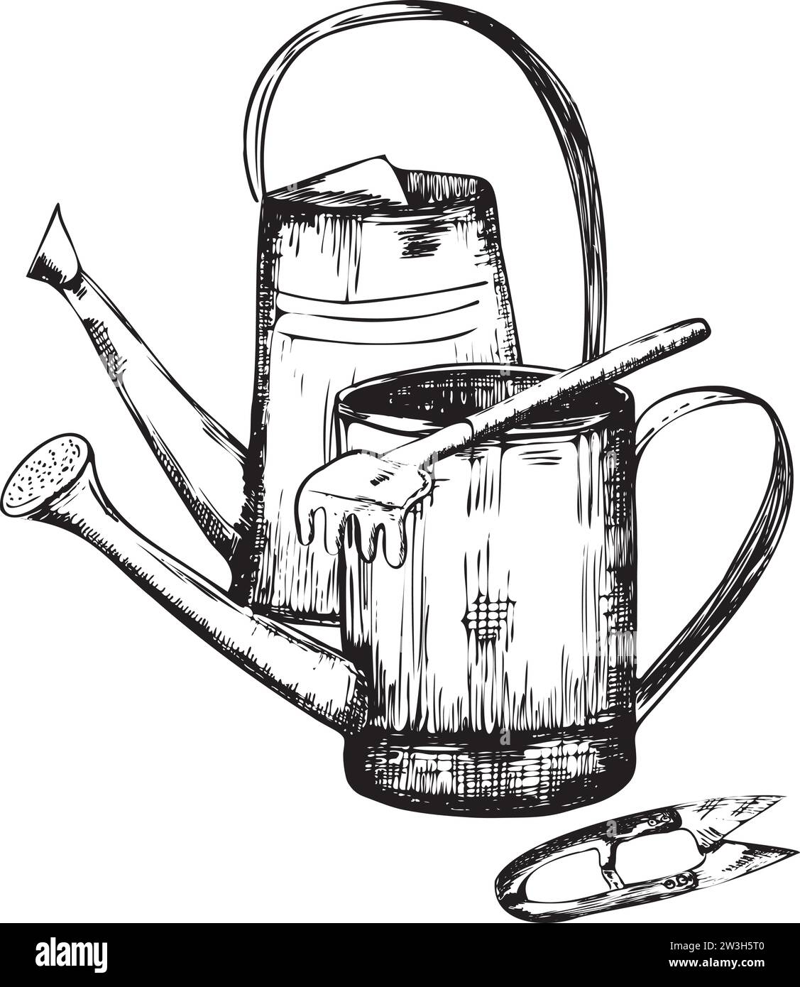 Hand-drawn ink illustration. Watering cans with garden scissors. Vector ...
