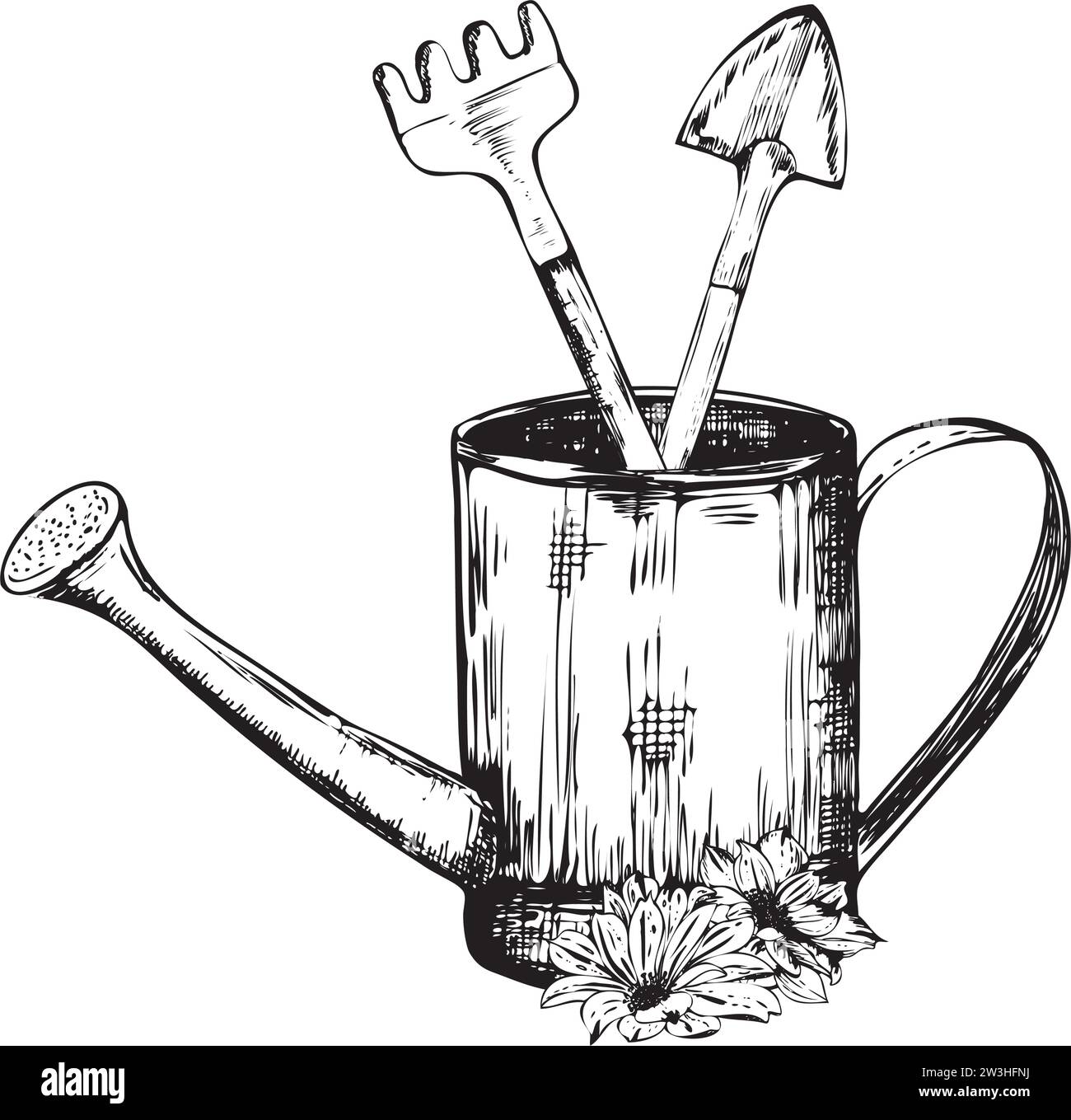 Hand-drawn ink illustration. Watering can with garden rake and trowel ...