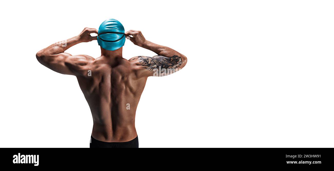 Portrait of a swimmer. The concept of swimming and water games. Back ...