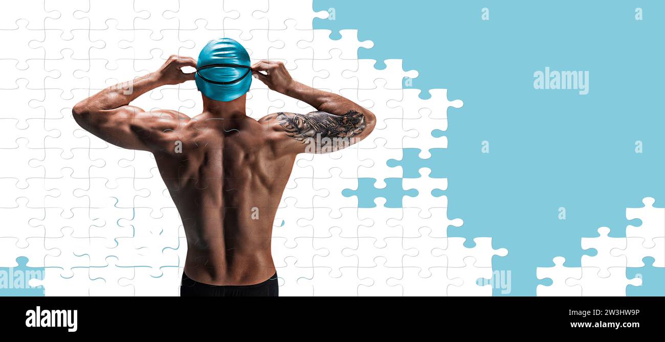 Portrait of a swimmer in the form of a puzzle. The concept of swimming ...