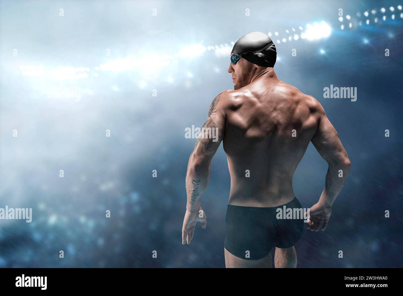 Portrait of a swimmer on the background of a sports arena. The concept ...
