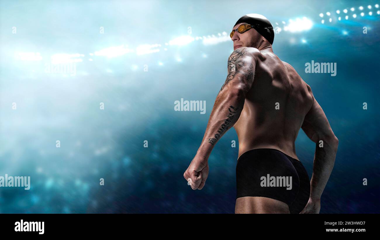 Portrait of a swimmer on the background of a sports arena. The concept ...