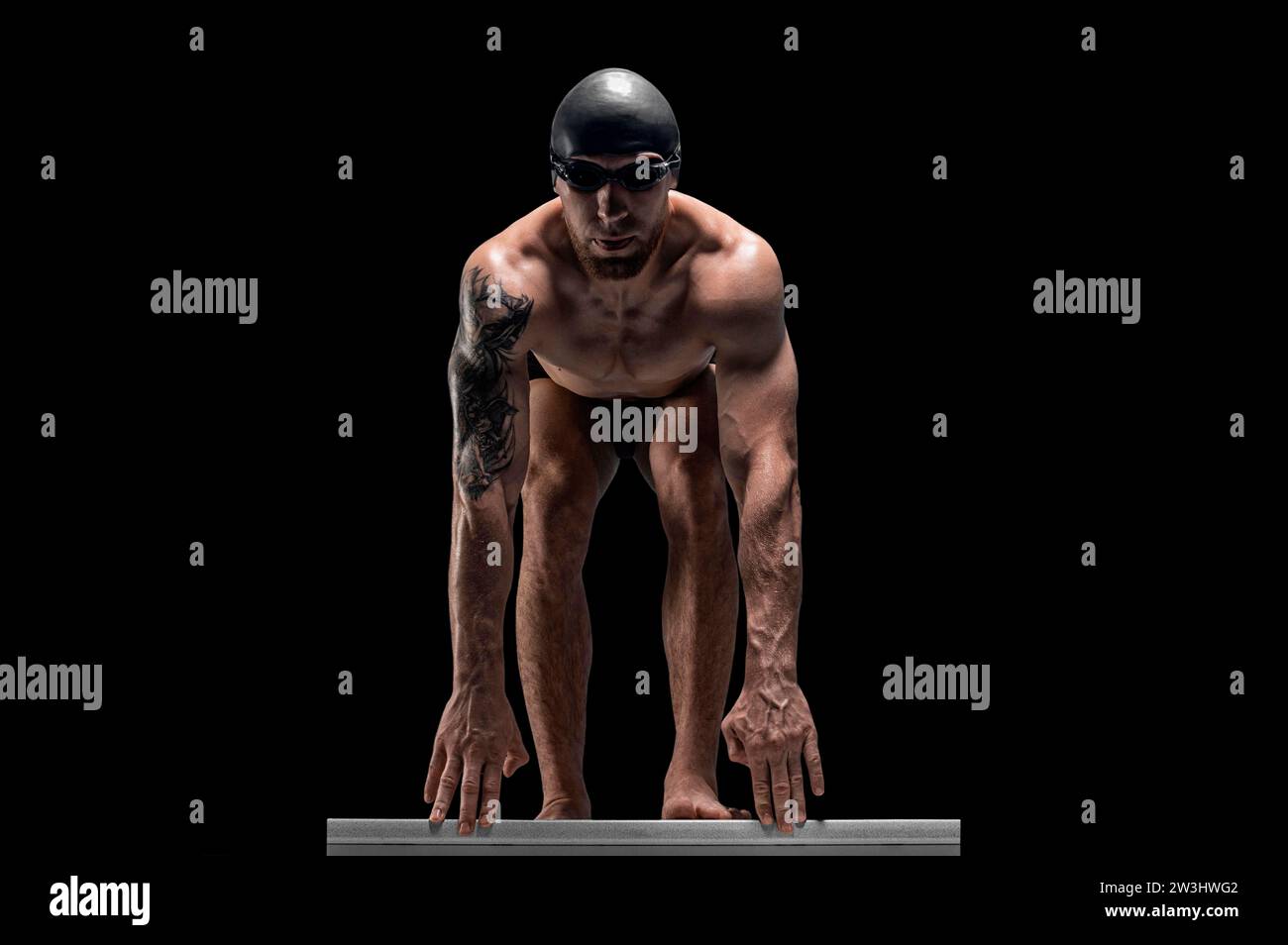 Portrait of a swimmer who is preparing for a jump. The concept of ...