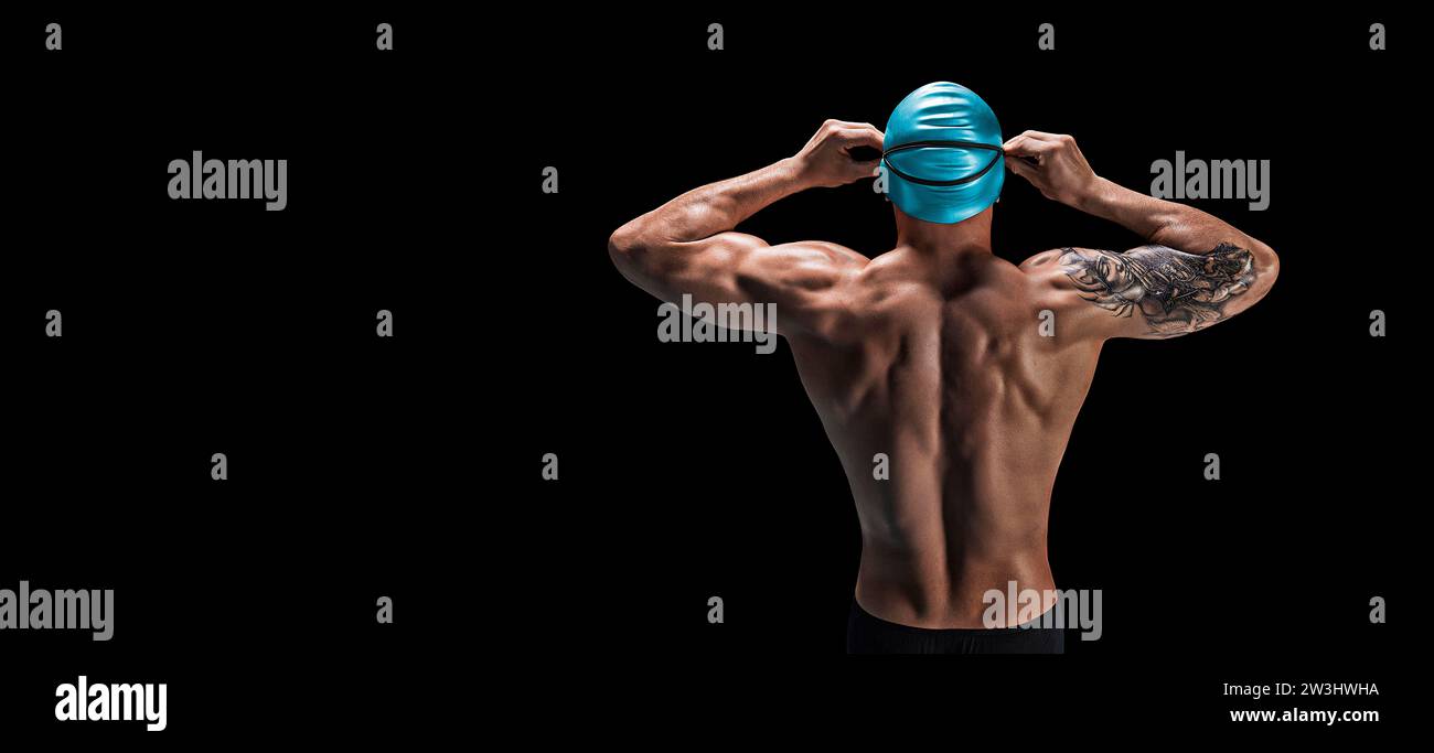Portrait of a swimmer. The concept of swimming and water games. Back ...