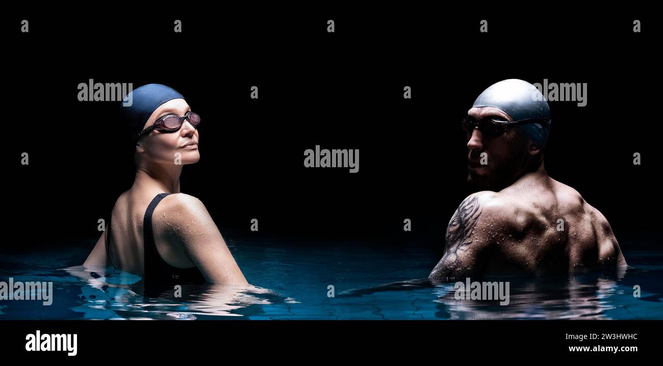 Charming woman and a strong man posing in the pool. Water sports ...