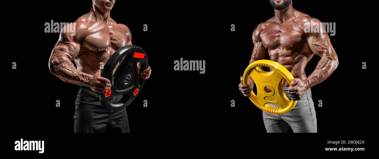 Image of two muscular men with barbell discs. Bodybuilding vs Men's ...