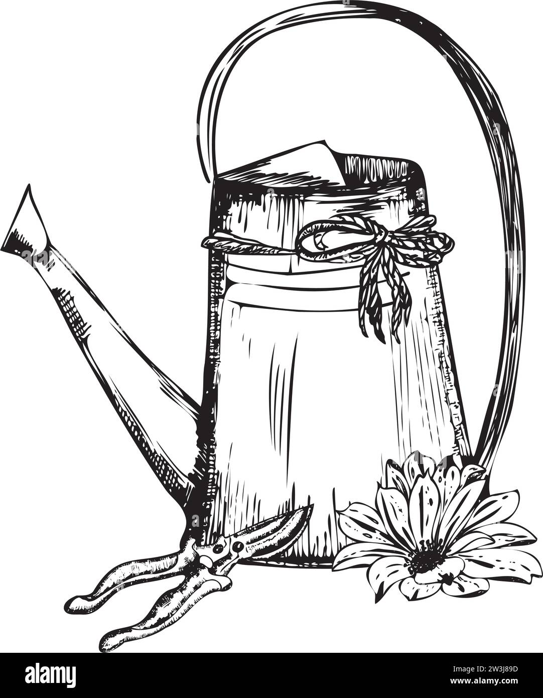 Hand-drawn ink illustration. Watering can with garden scissors. and ...