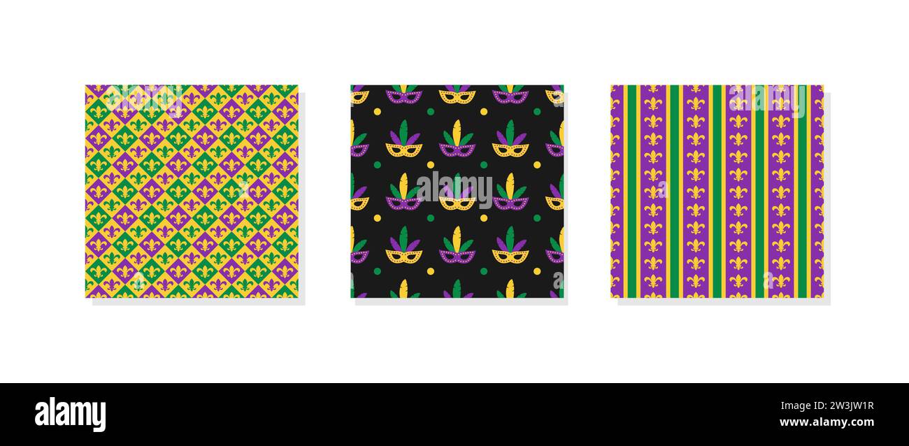 Mardi Gras seamless patterns. Three carnival or masquerade backgrounds ...
