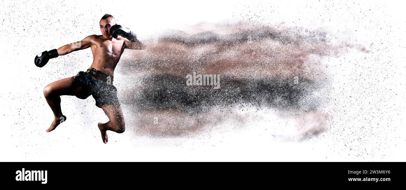 Thai boxer in the ring hits with a knee. The concept of sports, gyms ...