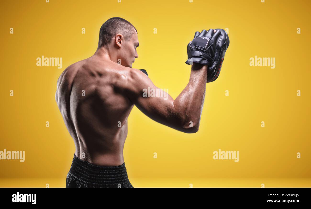 Muscular fighter posing with boxing paws in the studio on a yellow ...