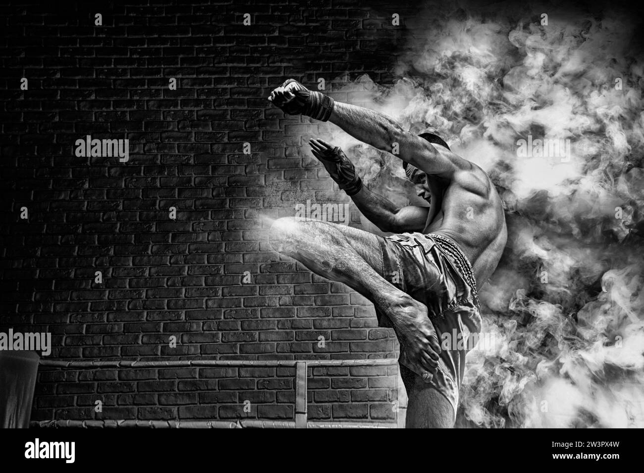 Thai boxer in the ring hits with a knee. The concept of sports, gyms ...