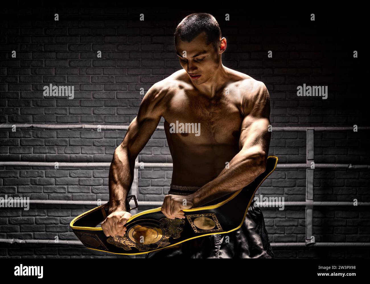 Professional boxer breaks an opponent's belt after a match. The concept ...